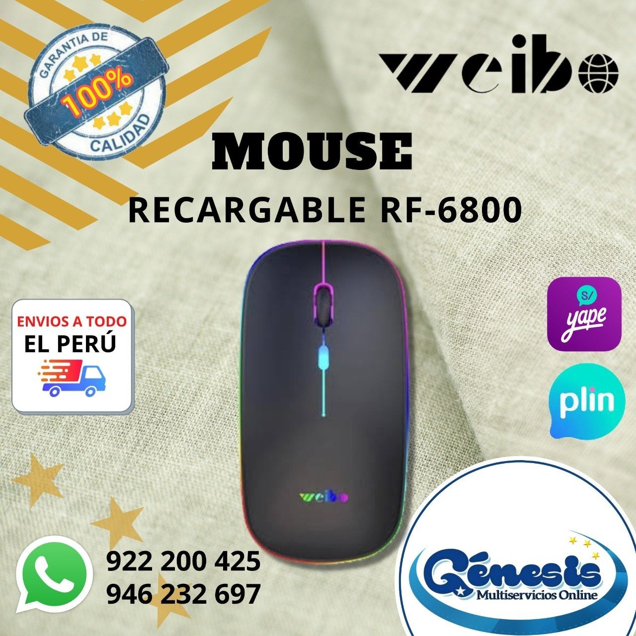 Mouse recargable gamer rgb Weibo RF 6800 - Genesis Multiservicios Import